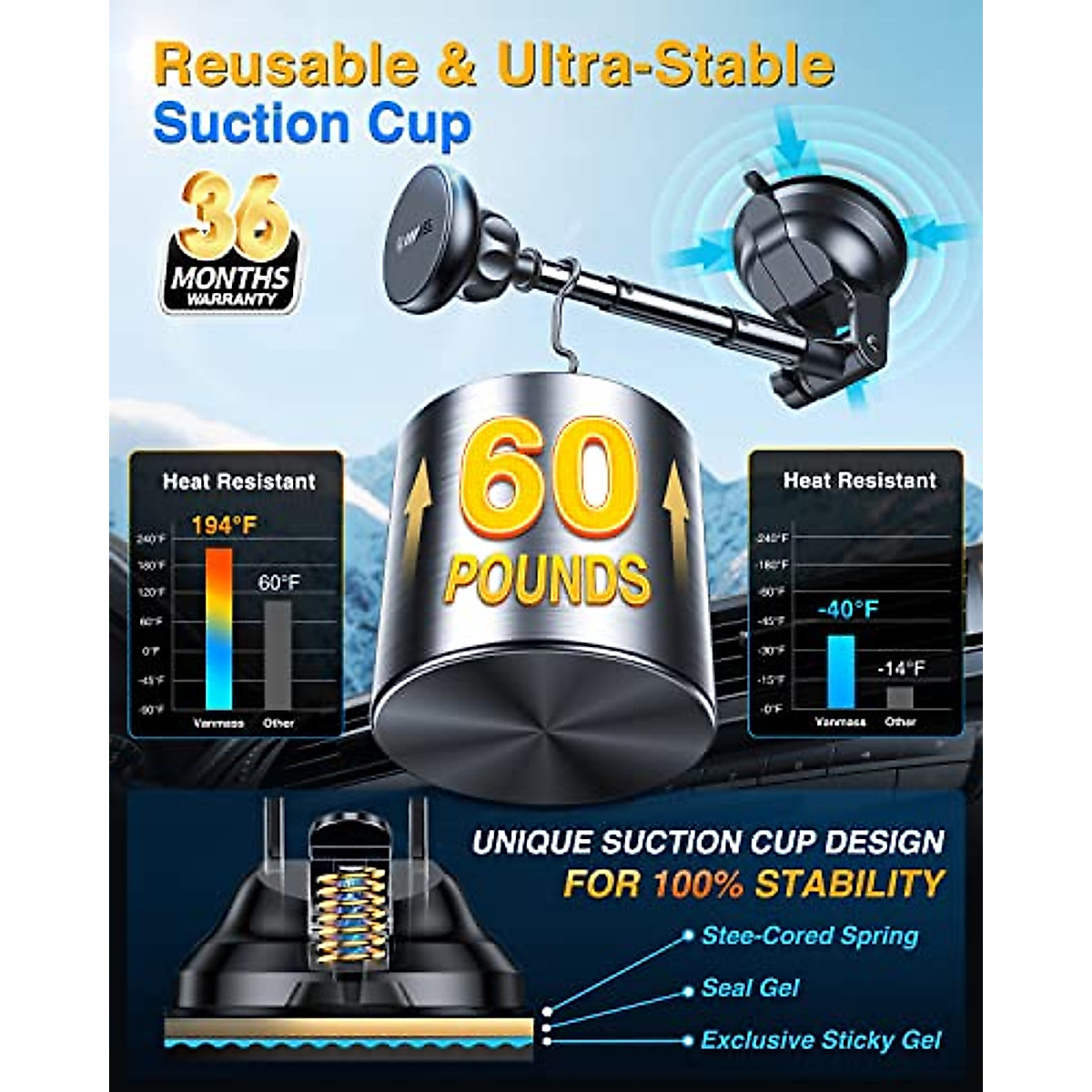 VANMASS Magnetic Car Phone Holder, [Super Strong Magets & Ultra Stable] Suction Cup Phone Holder Aluminium Alloy Structure, Handsfree Dashboard Window Car Mount Compatible with All Phones