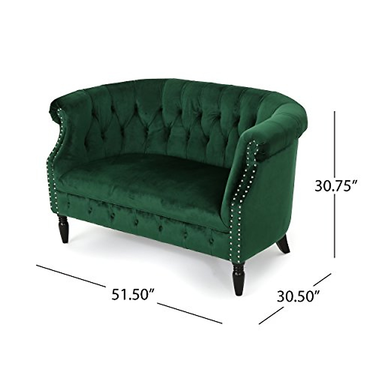Great Deal Furniture Melaina Tufted Chesterfield Velvet Loveseat with Scrolled Arms, Emerald and Dark Brown