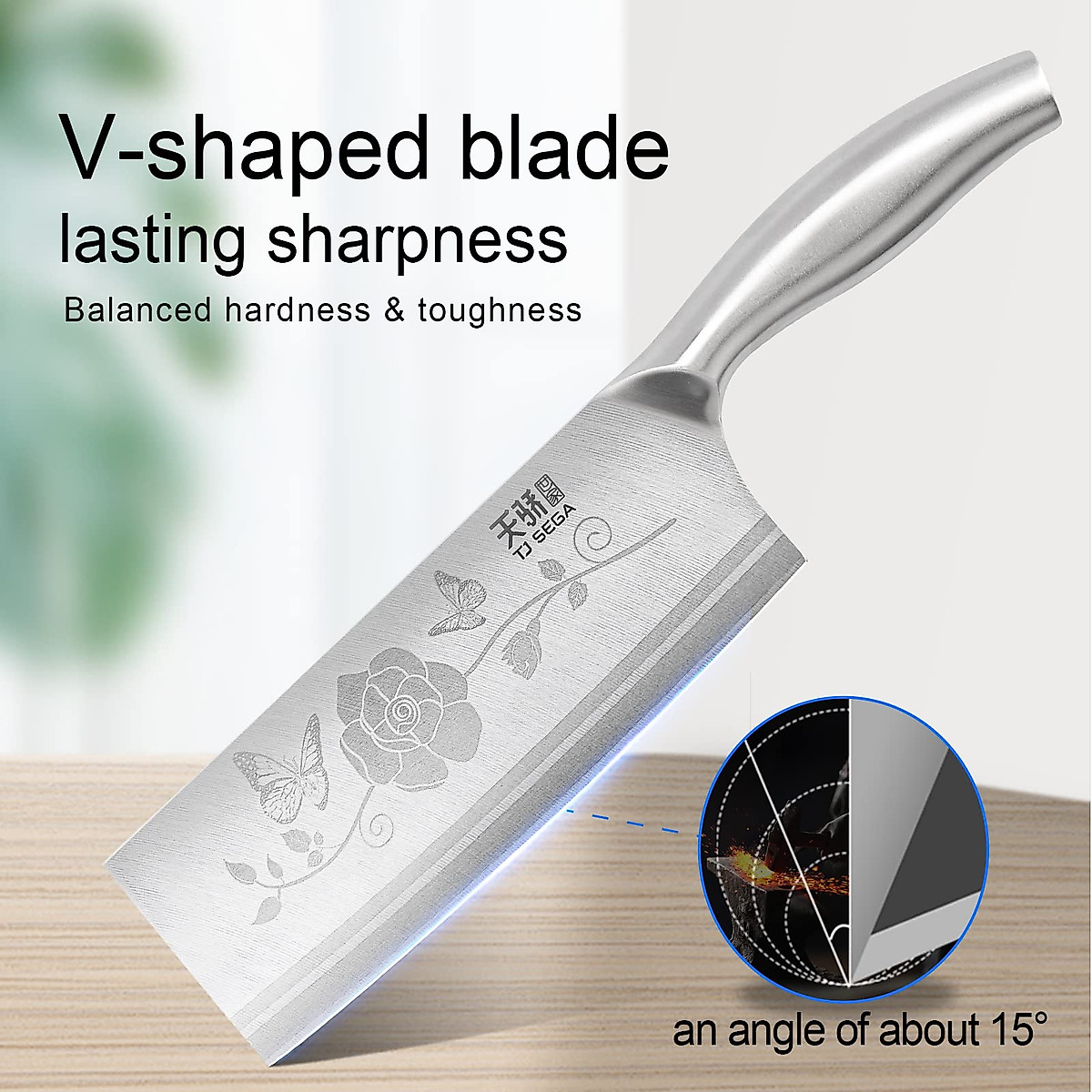Vegetable Cleaver Knife 7.4 Inch, Ultra Sharp Chinese Chef's Knives, Full-tang Meat Cleaver 30Cr13 Steel Blade Thickness 2.1 mm, TJ SEGA Series TC1506