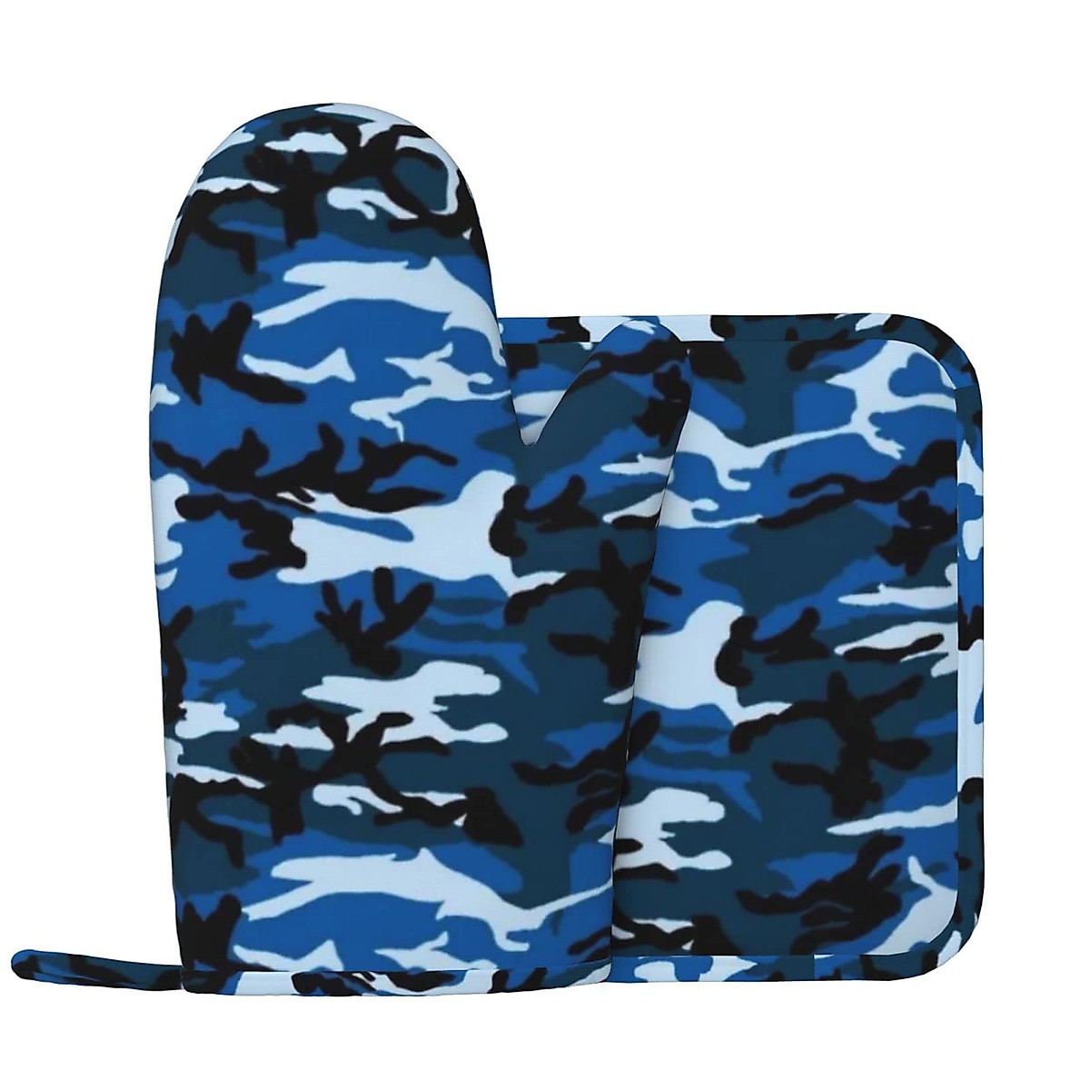 Blue Camo Silicone Oven Mitts Pot Holder Sets 2pcs Cute Design Washable Non Slip Kitchen Heat Resistant Mat Women's Cooking Gloves for Baking and BBQ Wear