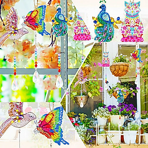 Queekay 4 Pieces Diamond Art Sun Catcher DIY Wind Chime Kit Hanging Double Sided Hummingbird Butterfly Cat Peacock Shape Crystal Number Ornament for Adults Kids Home Garden Decoration