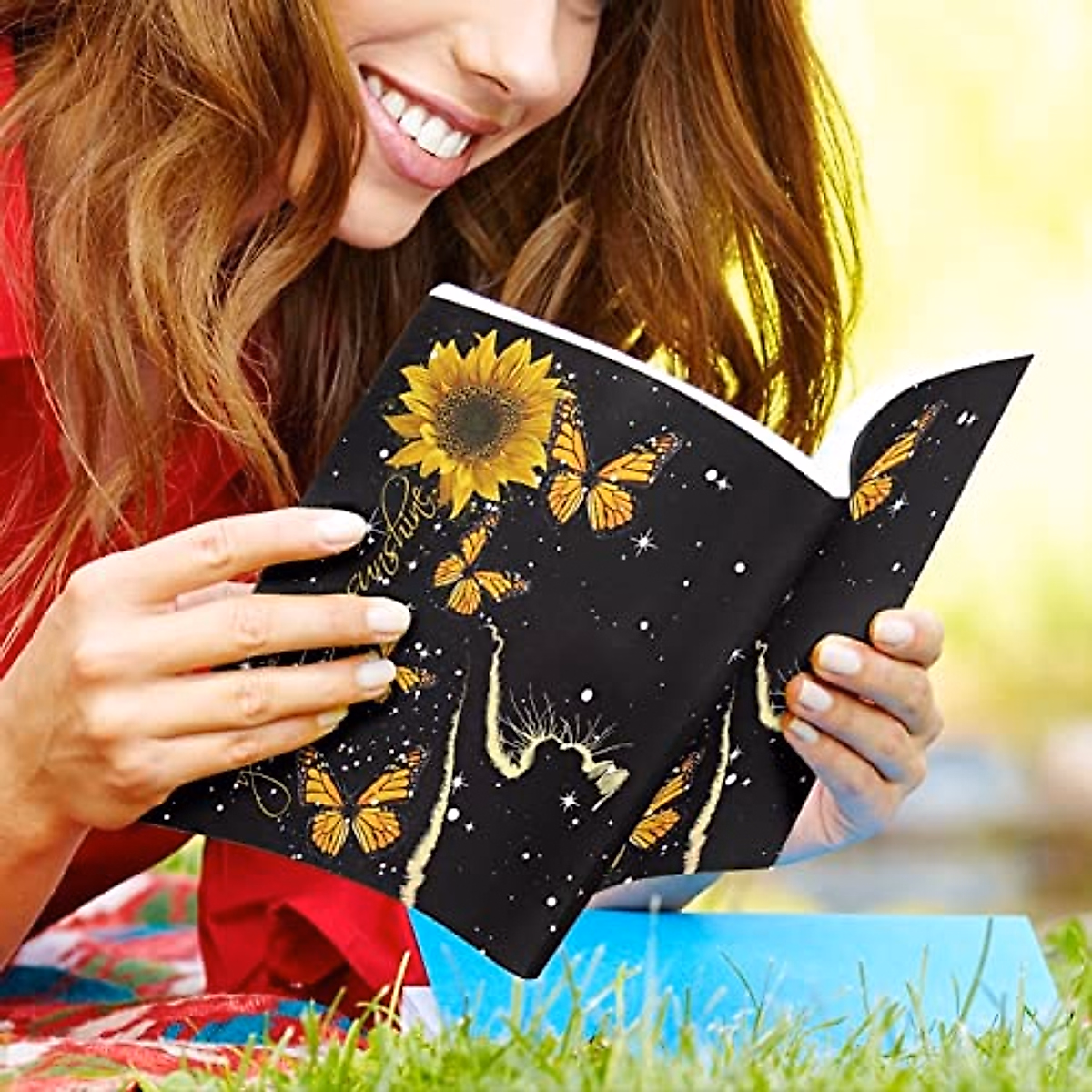 TODIYADDU Sunflower Butterfly Black Book Covers for Soft Cover Books Personality Hardcover Book Jacket Washable Reusable Easy to Put On Suitable for Most Sizes of Books