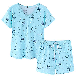 CHUNG Women Short Sleeve Shirt Pajamas Set with Shorts Bottom Pants Cotton V-neck Cute Pjs Sleepwear Lounge Wear Plus Size Summer (X-Large, Blue Star)