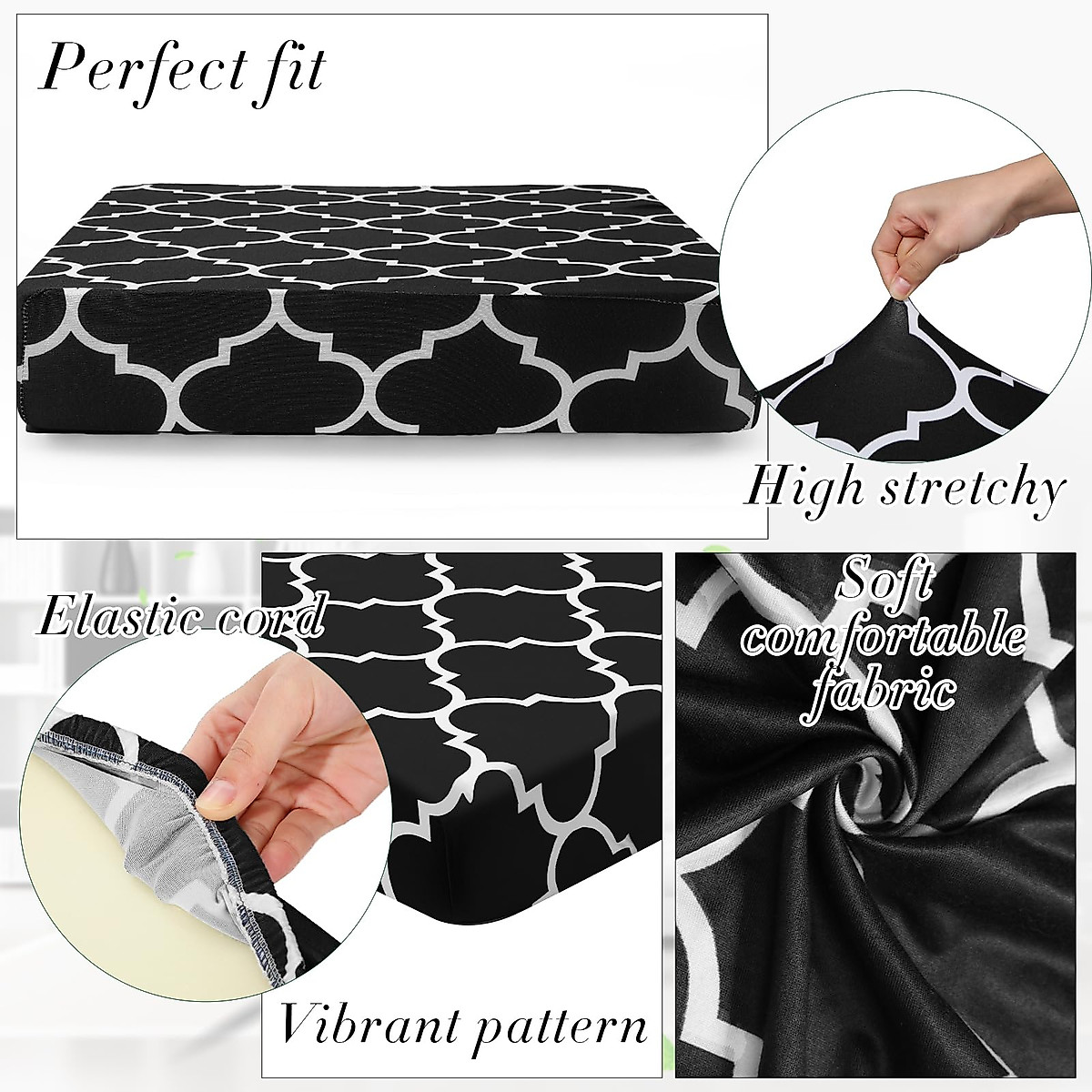 Newwiee 4 Pcs Patio Stretch Sofa Cushion Covers Moroccan Pattern Outdoor Cushion Covers Replacement Patio Furniture Cushion Couch Slipcovers Chair Seat Cover Soft Flexibility Protector (Black)