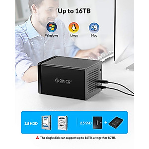 ORICO 5 Bay Raid Hard Drive Enclosure USB C Magnetic Aluminum HDD Enclosure with Fan for 3.5inch All SATA HDD Support 7 RAID Modes, Storage Expansion Up to 80TB for Office and Home- NS500RC3