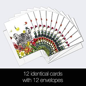 Tree-Free Greetings 12 Pack All Occasion Notecards,Eco Friendly,Made in USA,100% Recycled Paper, 4"x6", White Tiger Flowers (FS56930)