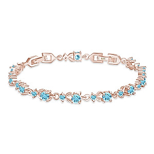 AFFY 14k Rose Gold Over Sterling Silver Leaf Shape Tennis Bracelet Round Shape Simulated Aquamarine 7.25"