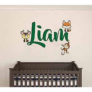 Personalized Boys Name Wall Decal - Boys & Girls Custom Name Wall Decal - Fox Wall Decal -Baby Deer Fox and Monkey Animal Theme - Wall Decal for Nursery Bedroom Decoration (Wide 16"x10" Height)