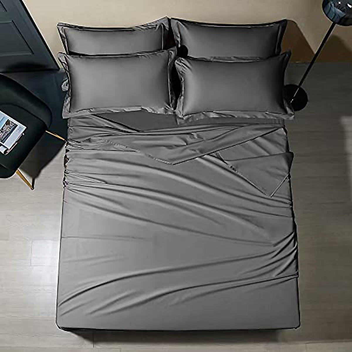 Shilucheng Bamboo_ 6-Piece King Size Bed Sheets Set 1800 Thread Count 16 Inch Deep Pockets Cool Eco Friendly Soft and Comforterble(King,Dark Grey)