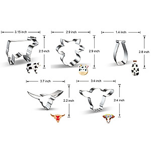 Cow Cookie Cutter Set - 5 Piece Stainless Steel Farm/Farmhouse Animal Cookie Cutters Shapes Milk Bottle, Longhorn, Bull, Cow Head, Cow/Steer Face Cutters Molds for Making Cookies, Biscuit, Fondant