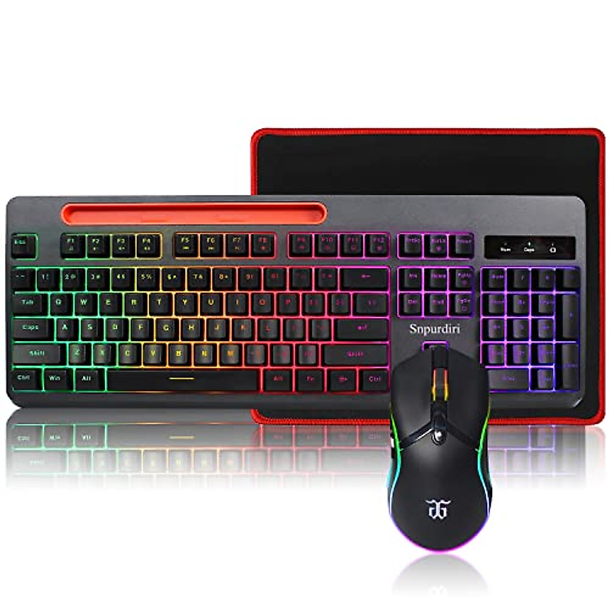 Snpurdiri Wireless Gaming Keyboard and Mouse Combo, True RGB Rechargeable Full Size Anti-ghosting Keyboard with Tablet/Phone Bracket, RGB Mouse,Long Battery Life for Gaming, Office
