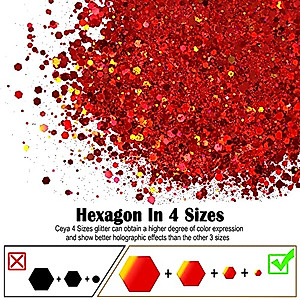 Ceya Holographic Chunky Glitter 4.2oz/ 120g Red Craft Glitter Powder Mixed Chunky Fine Flakes Iridescent Nail Sequins for Nail Art, Hair, Epoxy Resin, Tumblers, Slime, Painting, Festival Decor