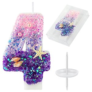 Birthday Candles, Pink and Purple Number 4 Candles Decorated with Conchs Starfish and Pearls for Mermaid Theme Party Cake Topper Supplies (Number 4)