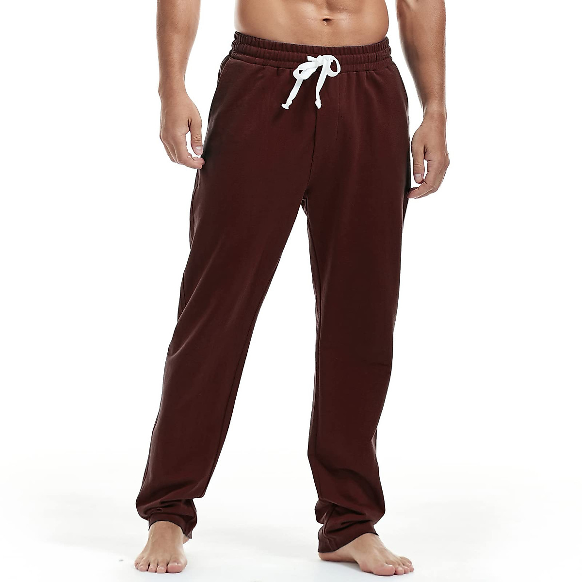 AMY COULEE Mens Cotton Athletic Pants Open Bottom Running Sweatpants Straight Leg Casual Joggers with Pockets (Wine Red, XXL)