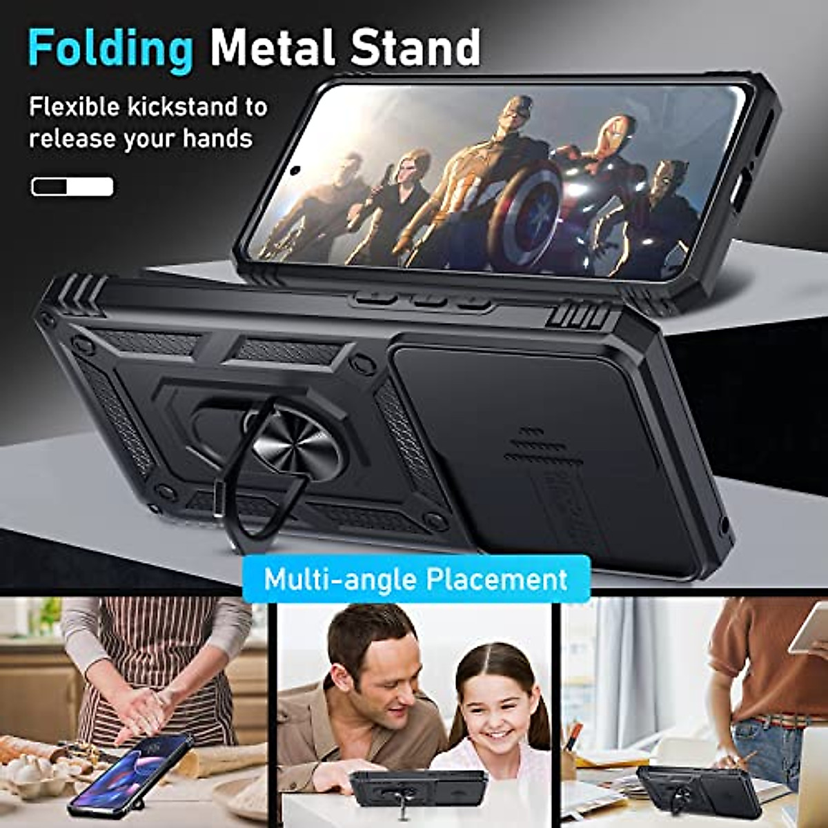 Motorola Moto Edge 2022 Case Built in Slide Camera Cover and Screen Protector [Not for Edge Plus],Heavy Duty Shockproof Full Body Phone Cover,Built in Finger Ring Stable Holder Kickstand,2022 Black