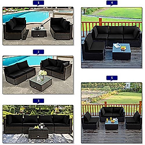 Tangkula 6-Piece Patio Furniture Set with 30” Propane Fire Pit Table, Outdoor PE Wicker Conversation Set with Cushions and Tempered Glass Coffee Table, Gas Fire Pit Table with 50,000 BTU (Black)