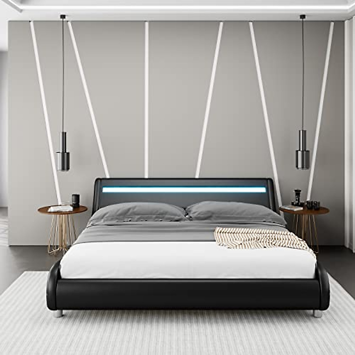 Keyluv Queen Upholstered Smart LED Bed Frame with Headboard, Durable Sleigh Low Profile Platform Bed, Color Changing with Music, App Control, Smart Bedroom Series, Black