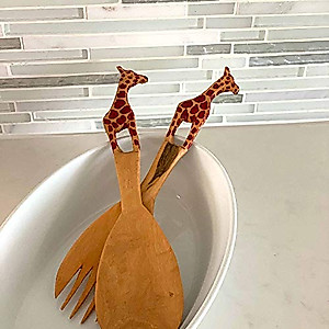 Global Crafts Hand carved Mhugu Wood Salad Serving Set, Giraffe, Set of 2