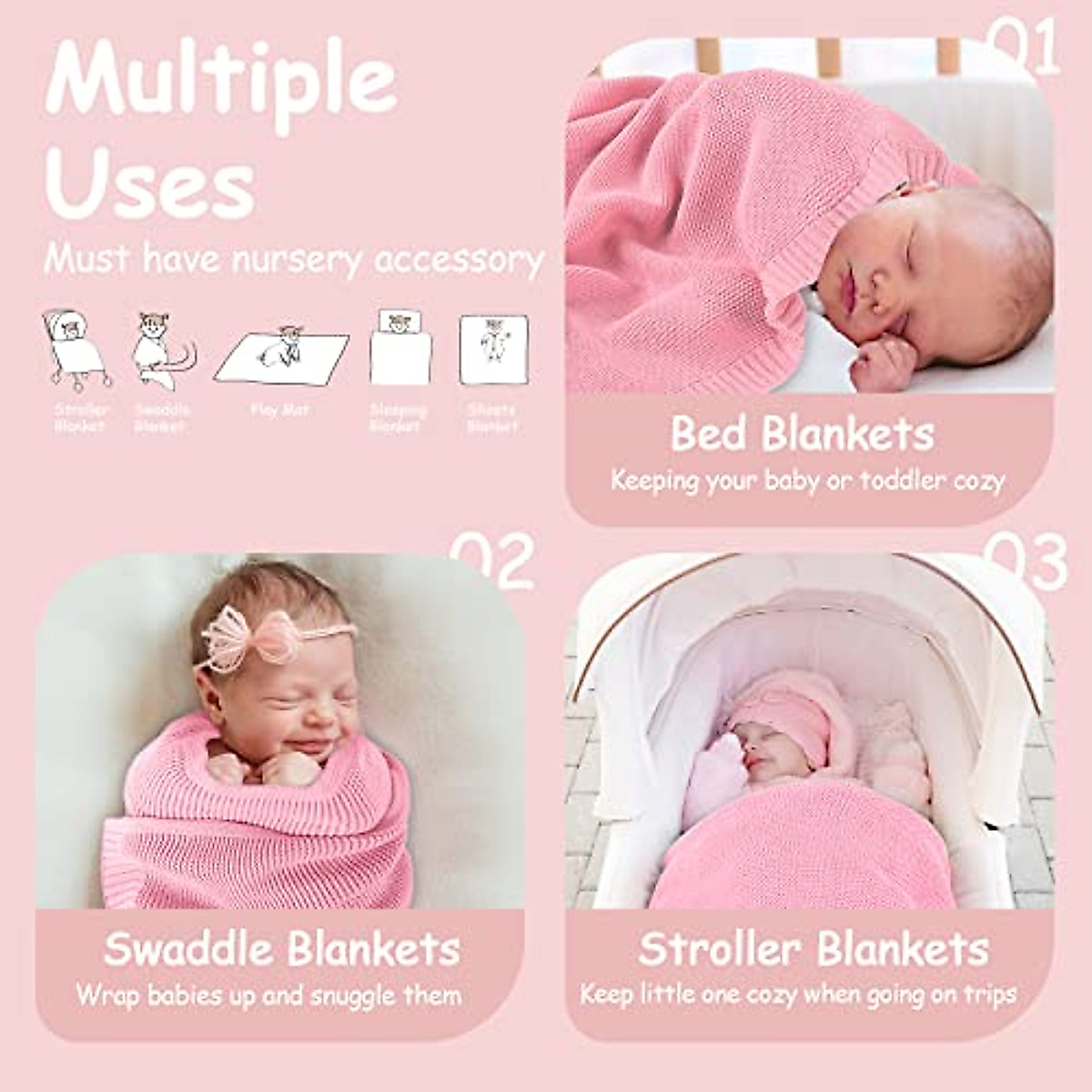 Yoofoss Baby Blankets - 100% Cotton Knit Receiving Blanket 30" x 40", Breathable Cozy Unisex Nursery Stroller Swaddle Blanket for Newborns, Infants, Toddler, Boys and Girls (0-2Yrs, Pink)