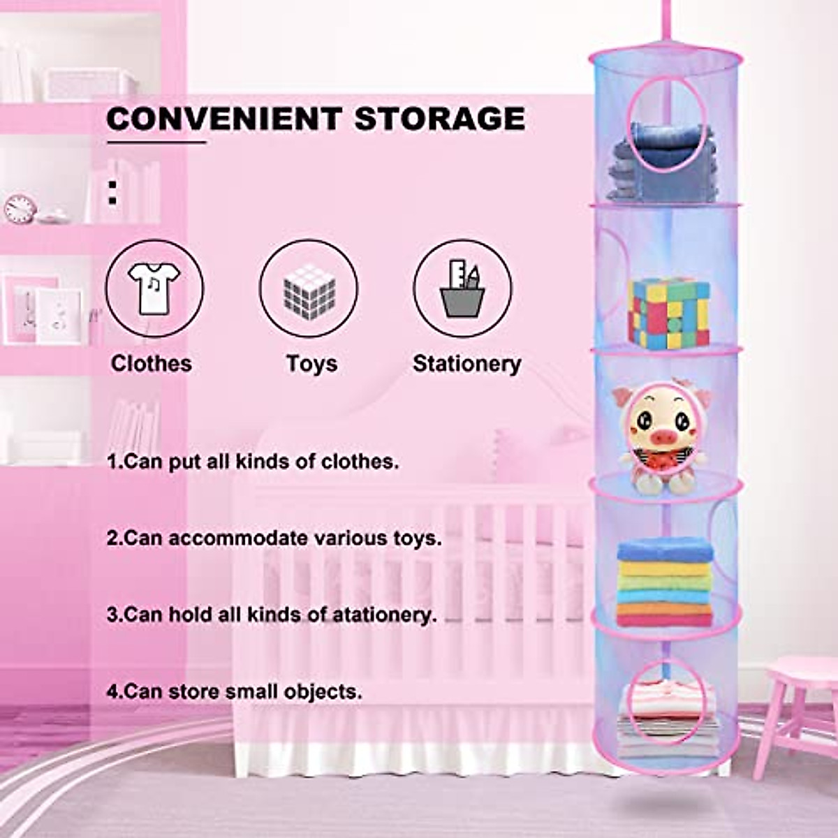 Sutinban 2 Pcs Hanging Mesh Stuffed Animal Storage for Kids Room, Bathroom and Balcony, 5 Tier Foldable Corner Net Organizer, for Organizing Plush Toys, Socks,Pink-Blue Tiedye(Pink)