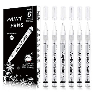 Paint Pens White Marker 6 Pack,0.7mm Acrylic White Permanent Marker,White Paint Pens for Rock Painting Stone Ceramic Glass Wood Plastic Glass Metal Canvas Water-based Extra Fine Point