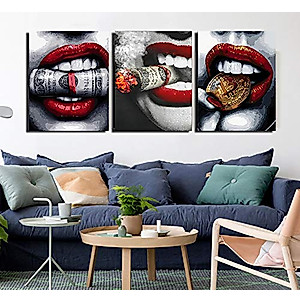 Red Lips Series: 【Luxury】-Spray Painting Core Modern Fashion Sexy Red Lips Nordic Style Room Decoration Painting Sofa Background HD Wall Painting Set of 3（11.8"X15.75")【No Fram