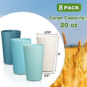Hlukana Wheat Straw Cups Set of 8, 20 oz Unbreakable Drinking Cup, Chip Resistant Cups, Reusable Water Cup Set, Large Cups for Kitchen, Camping, BPA Free Cups, Dishwasher & Microwave Safe Tumbler Cups