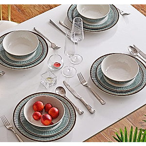 PUMELAMI Melamine Dinnerware Sets,12pcs Plates and Bowls Sets, Melamine Dishes Set for 4, Unbreakable,Dishwasher Safe, BPA Free,Great for Indoor Use,Camping, BBQ,RV, Party,Rustic Style (Teal)