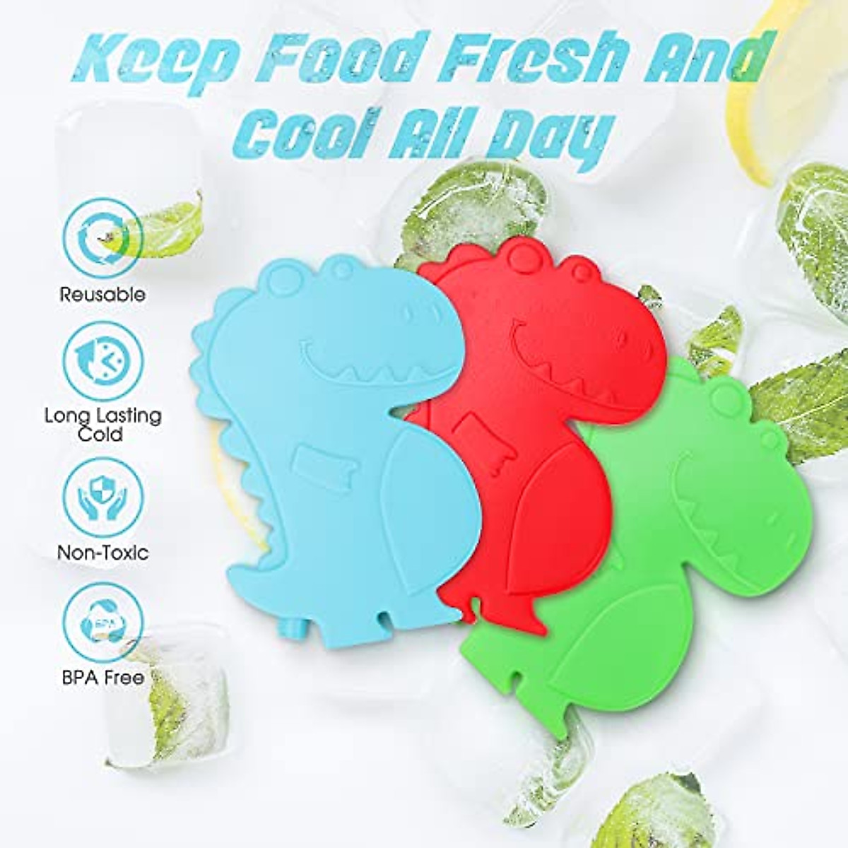 Cerbonny Reusable Ice Packs for Lunch Boxes, 4-Piece Set, Fun Dinosaur Shapes, Freezer Safe, Easy to Clean, Keeps Food and Drinks Cold