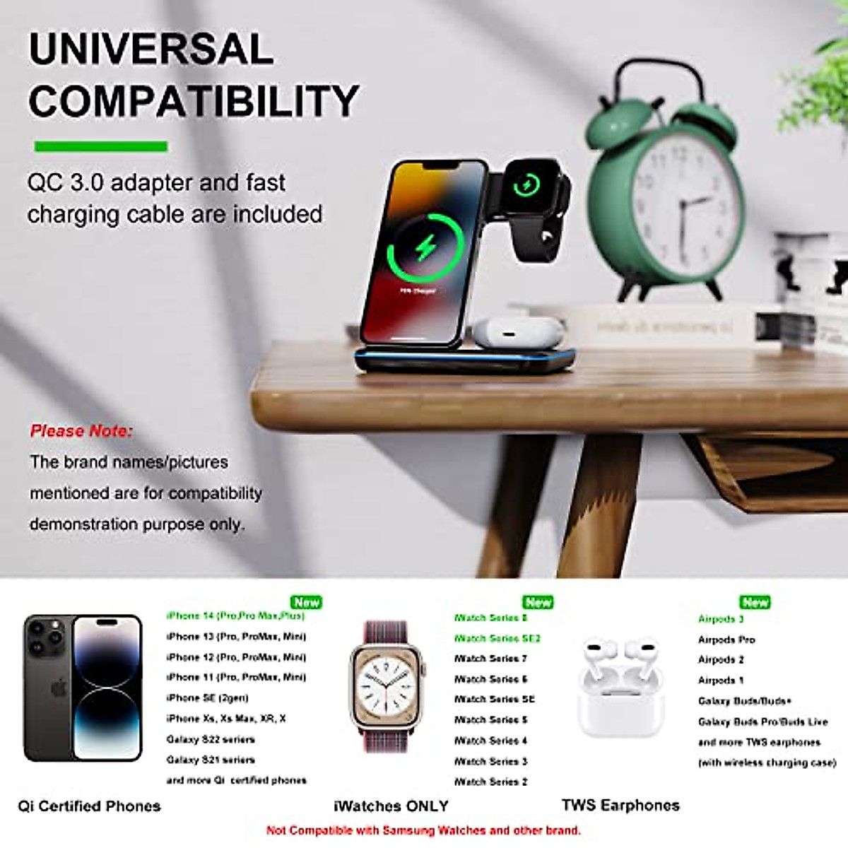 Minthouz 3 in 1 Wireless Charger, 18W Fast Wireless Charging Station for Multiple Devices Apple Watch, AirPods, Wireless Charger Stand Compatible with iPhone 14/13/12/11 Series, Samsung (with Adapter)
