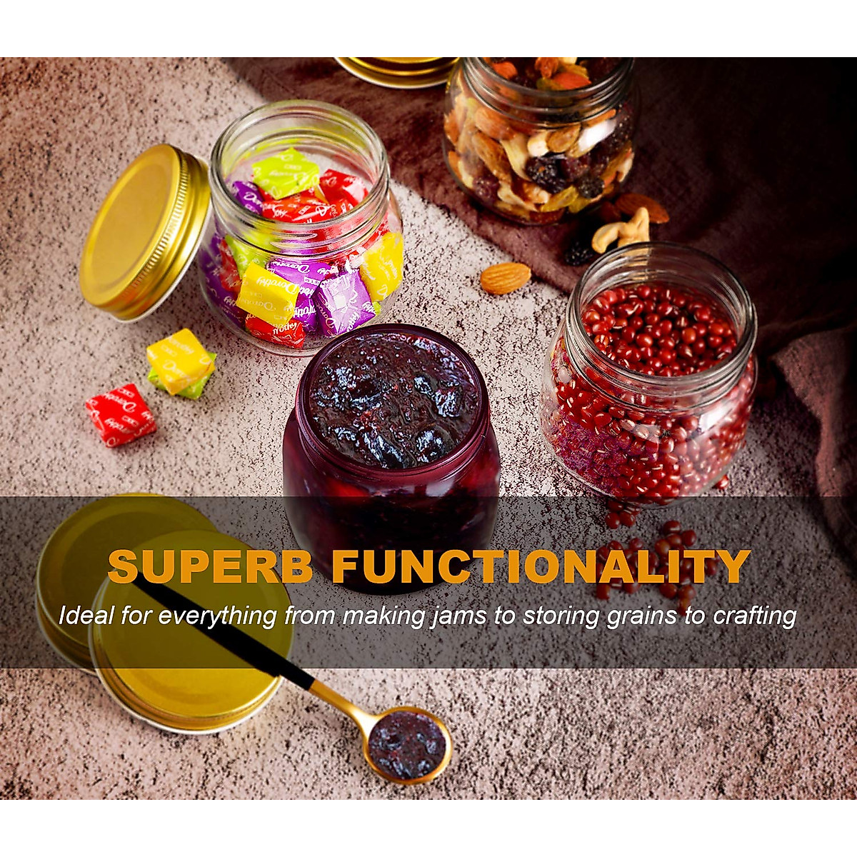 Rainforce Mason Jars 8 oz 30 Pack- Small Mason Jars With Gold Lids -1/4 Quart Canning Jars| Storage Pickling Jars For Jelly, Jam, Honey, Pickles - Spice Glass Jars - With 30 Chalkboard Labels