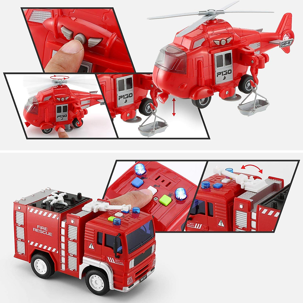 KeepRunning 4 Pack Friction Powered City Fire Rescue Vehicle Truck Car Set Including Helicopter, Boom Lift Truck,Ladder Fire Truck, and Fire Engine, with Light and Sounds/Sirens