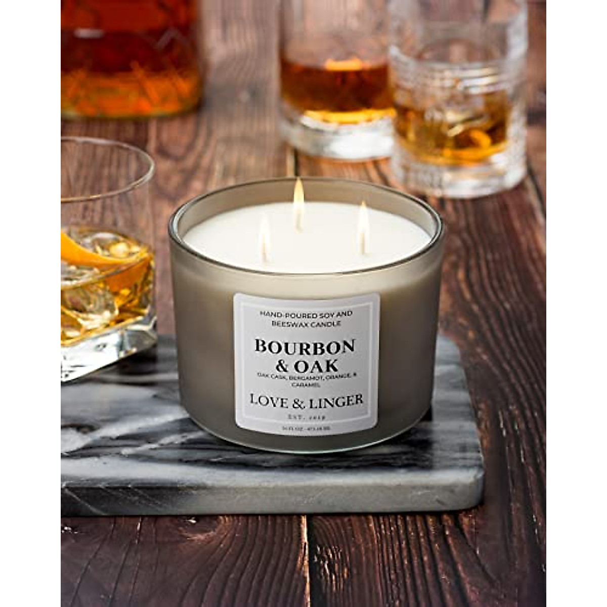 Bourbon Scented Candle | Candles for Men | Masculine Candles | Luxury Soy & Beeswax Candles for Home | 16 oz. Large Jar 3 Wick Candle | Mens Candle | Gift for Men