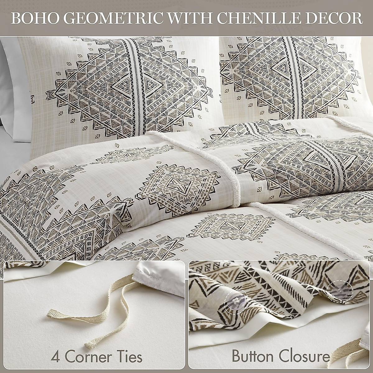 Madison Park King Duvet Cover Set, Boho Duvet Cover with Chenille Trims King Bedding Cover, All Seasons, Microfiber Bedding King Size, Pillow & Shams, Ibiza, King/Cal King, Black/Ivory 4 Piece