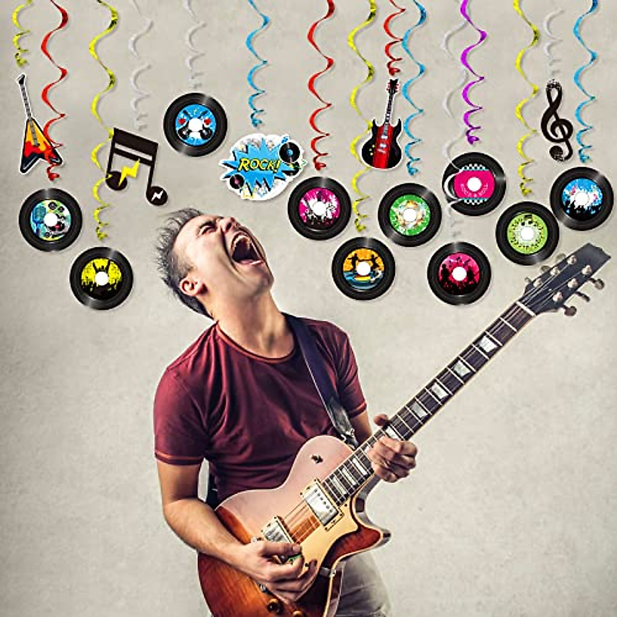 60 Pieces 50s Party Rock and Roll Music Party Decorations Hanging Swirls Music Record Cutouts Hanging Banner Double Sides Ceiling Decor with Streamer Garden Decor for Music Birthday Party Supplies