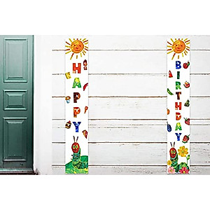 Cartoon Very Hungry Little Green Caterpillar Happy Birthday Banner Backdrop Insects Theme Decor Door Porch Decorations for Boys Girls 1st Birthday Party Baby Shower Supplies Favors Background Gift