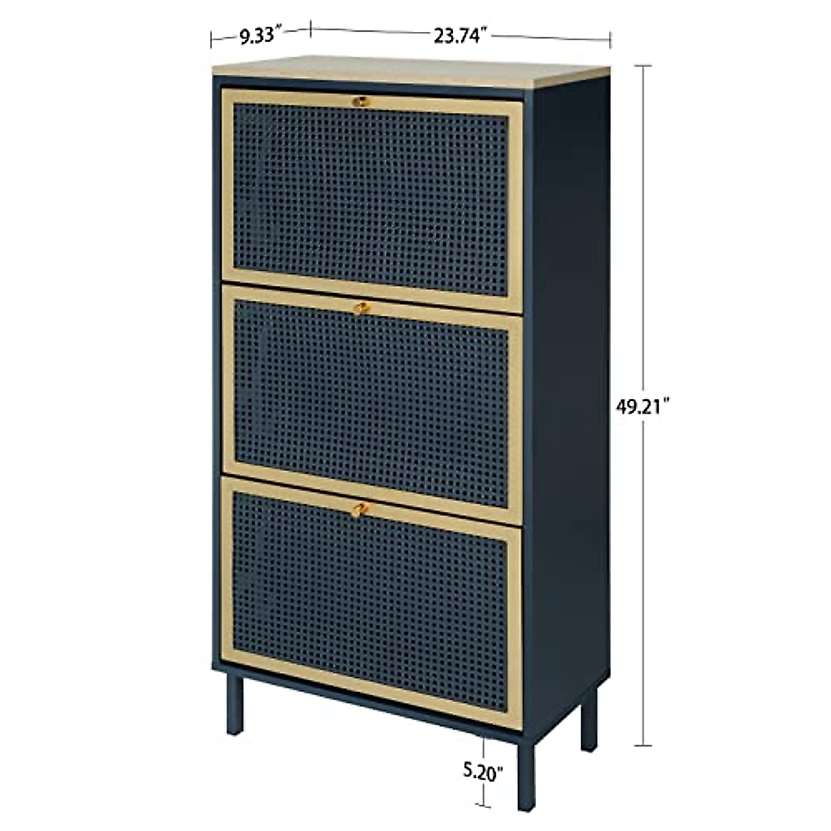 SSLine Industrial Shoe Cabinet with 3 Flip Down Storage Shelves Free-Standing Shoe Rack Elegant Wood Shoe Storage Organizer with Metal Rattan Door for Entryway Hallway Doorway (Blue&Gold-3 Door)