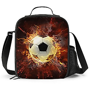 PrelerDIY Fire Soccer Lunch Box - Insulated Lunch Bag for Kids with Side Pocket & Shoulder Strap Snack Bags, Perfect for School/Camping/Hiking/Picnic/Beach/Travel