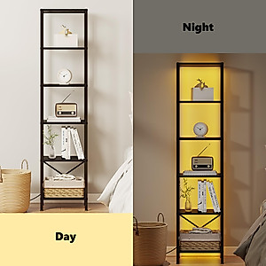 JARHETUN 6-Tier Bookshelf, Tall Narrow Bookcase with LED Lights, Book Shelf with Steel Frame, Display Storage Shelf for Living Room, Bedroom, Home Office, Study, Balcony, Black