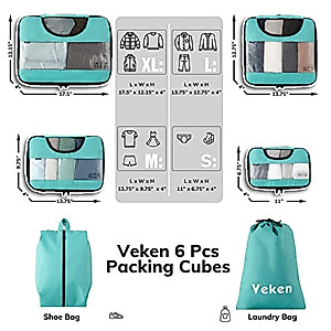 6 Set Packing Cubes for Suitcases, Travel Organizer Bags for Carry on Luggage, Veken Suitcase Organizer Bags Set for Travel Essentials Travel Accessories in 4 Sizes(Extra Large, Large, Medium, Small)