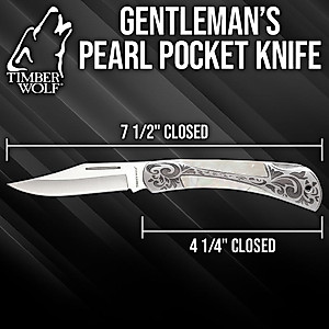 Timber Wolf Gentleman’s Genuine Pearl Pocket Knife | 3 1/4” Stainless Steel Clip Point Blade | Genuine Pearl Inlays | Nickel Silver Bolsters | Lockback Mechanism | 7 1/2&quot; Overall Length