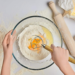 Listenman Danish Dough Whisk Bread Mixer&Egg Whisk Kits, 2 Pack Premium Stainless Steel Dutch Whisk & 1 Pack Hand Push Rotary Whisk Blender Pastry or Pizza Dough Whisk, with a Dough Scraper for Bread