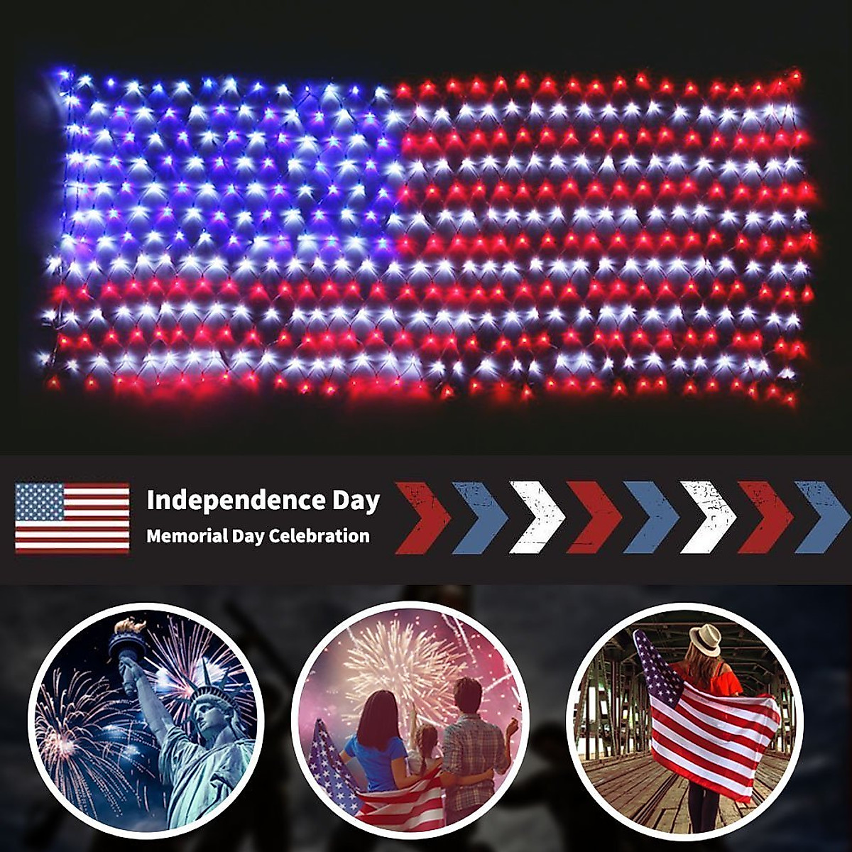 Solar American Flag String Lights - Waterproof 420 Led Solar Powered Flag Net Light for 4th of July Memorial Day Decorations Yard Garden Christmas Festival Holiday Patriotic Party Decoration Outdoor