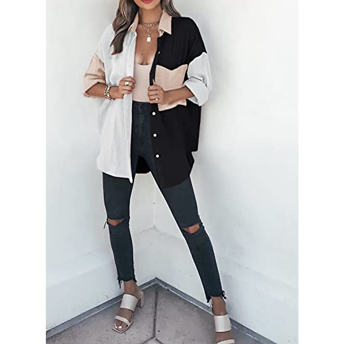 Dokotoo Women's Comfy Color Block Button-Up Shirt, Roll-Up Long Sleeve, Soft Oversized Boyfriend Top, Beach Cover, Black XL