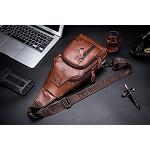 BULLCAPTAIN Leather Men Sling Bags Travel Crossbody Chest Bag Hiking Daypack with USB Charging Port Multi-Pocket