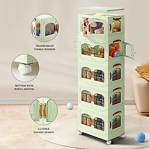 EHAMILY Stackable Storage Bins with 1 Lid Set 5 Tier,8.4 Gal Clear Plastic Folding Storage Box with Wheel and Door,Large Foldable Cabinet Collapsible Bin for Closet Organizer,Clothes,Green