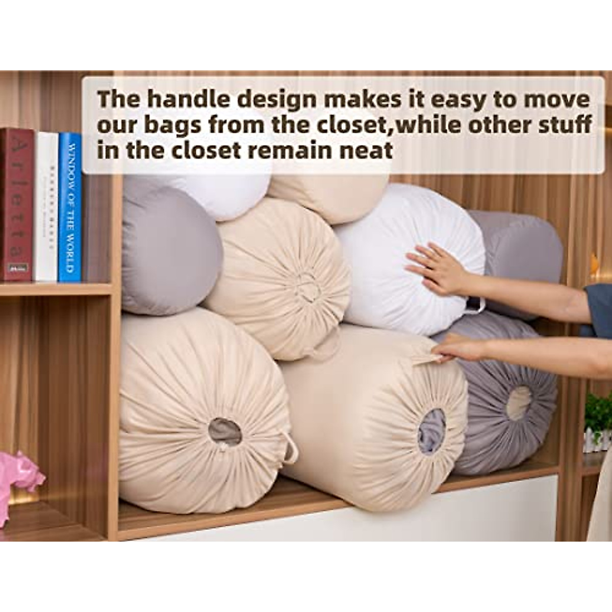 ECOWAN LIVING 8Gal Cylindrical Clothes Blanket Quilt Pillow Storage Bag, Closet Organizer Storage Container, Reusable Drawstring Packing Bag, Durable Handle, Moistureproof(Beige, M, 2 bag)