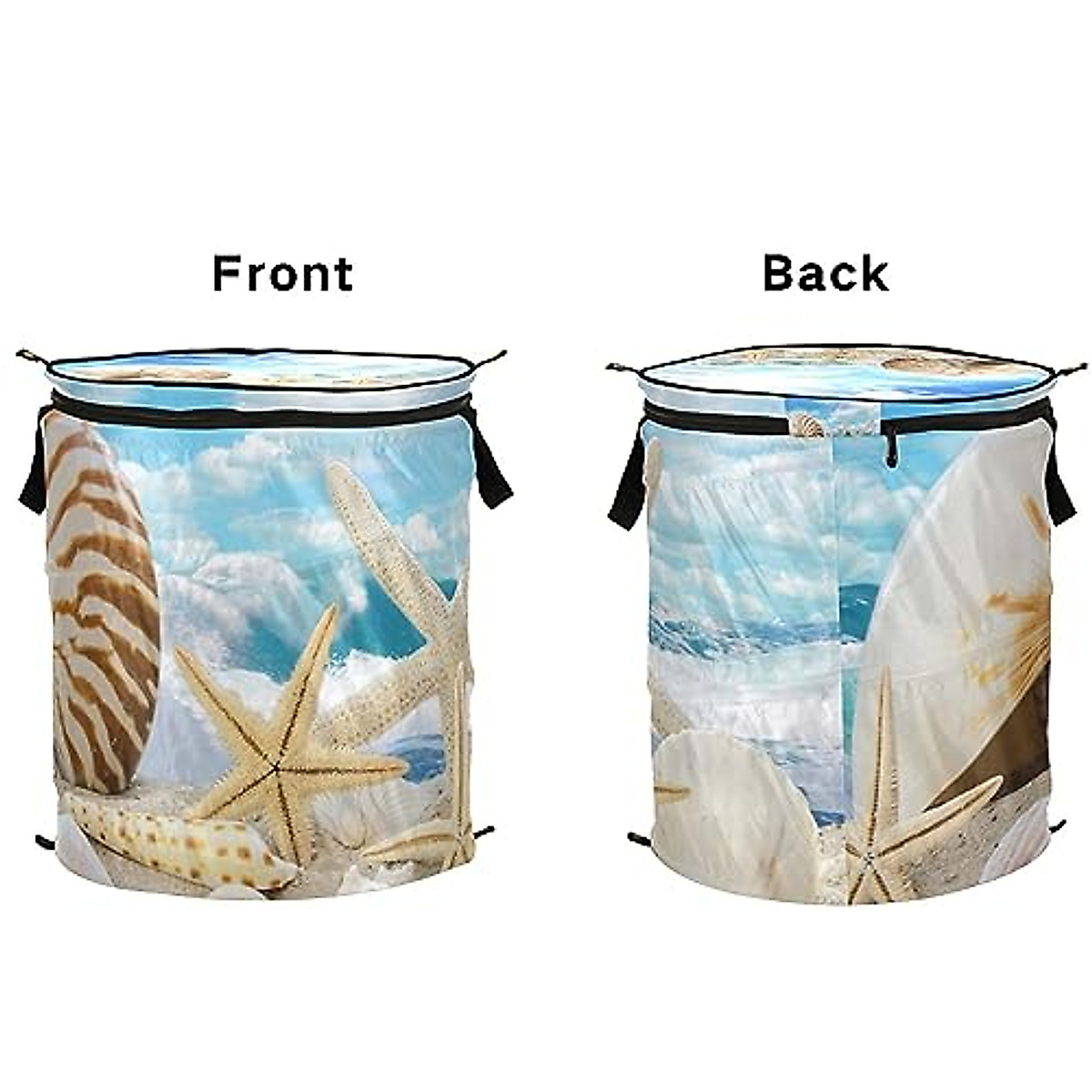 pnyoin 50L Large Popup Laundry Hamper Round with Zipper Lid Reinforced Handles Portable Collapsible Basket for Kids Room College Dorm Travel, Sunny Sky with Starfish