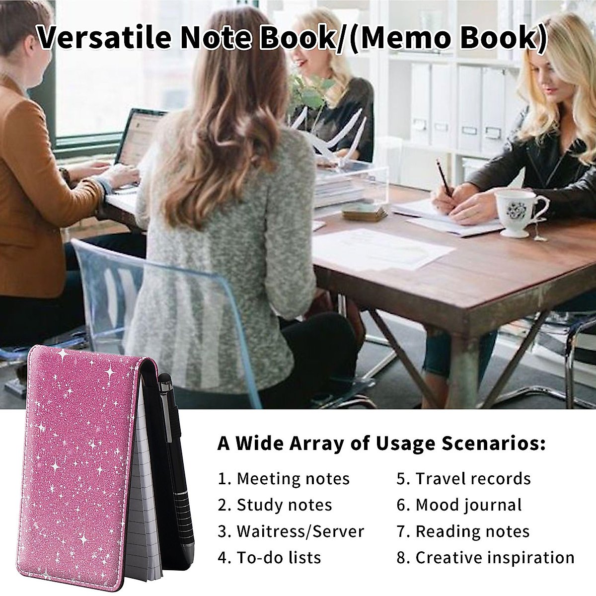 RYUITHDJP Small Memo Pad Notepad with Bling Theme, Mini Pocket Notepad Holder + 1 Pen + 2 Pieces Memo Book Refills 30 Lined Paper Note Pad