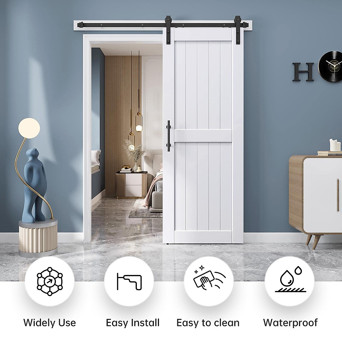 EaseLife 30in x 84in Sliding Barn Door with 5.5FT Barn Door Hardware Track Kit Included,Solid LVL Wood Slab Covered with Water-Proof & Scratch-Resistant PVC Surface,DIY Assembly,Easy Install,White